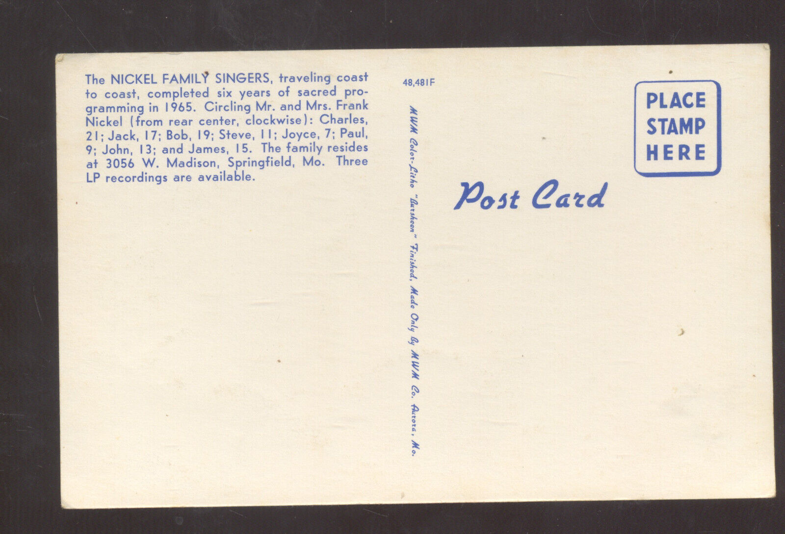 Springfield Missouri MO the Nickel Family Singers Vintage Advertising ...