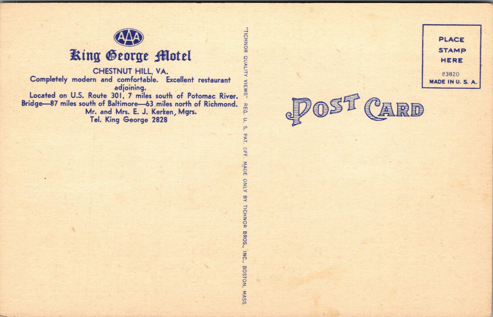 Vtg 1940s King George Motel Chesnut Hill Virginia VA Unused Linen ...