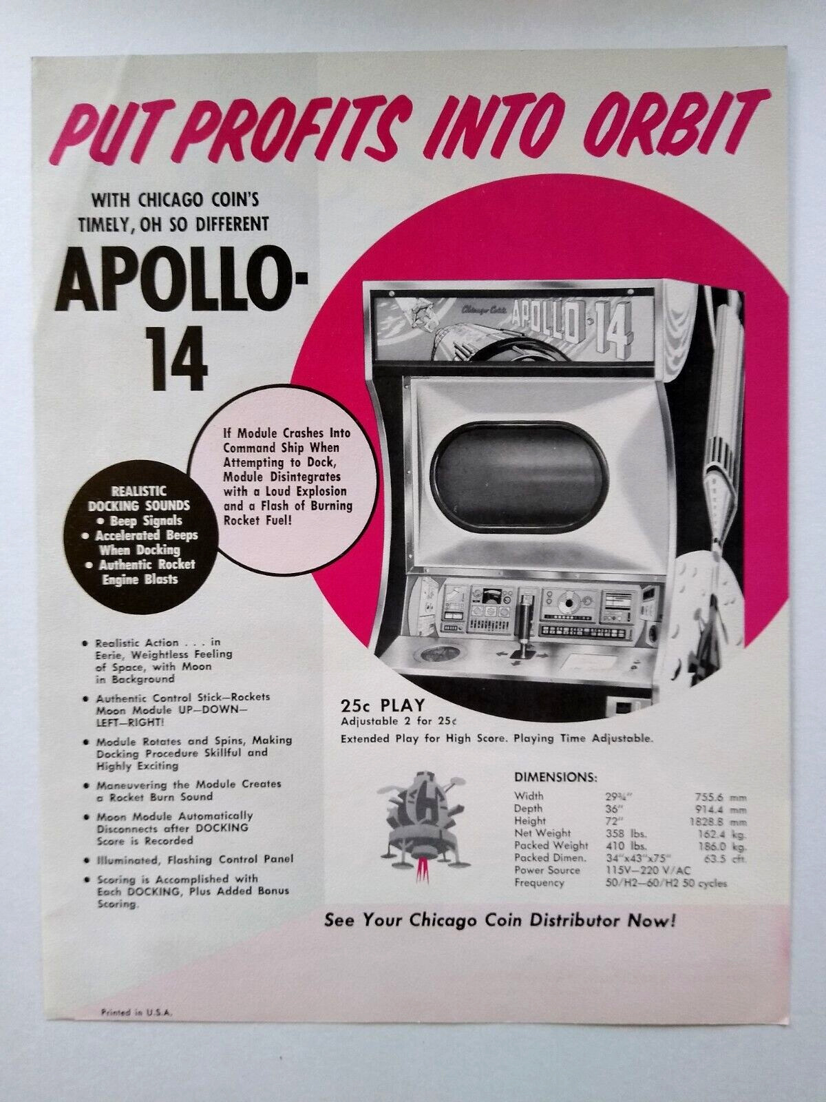 Apollo 14 Arcade Flyer Rockets Moon Landing Space Ship Retro Chicago ...