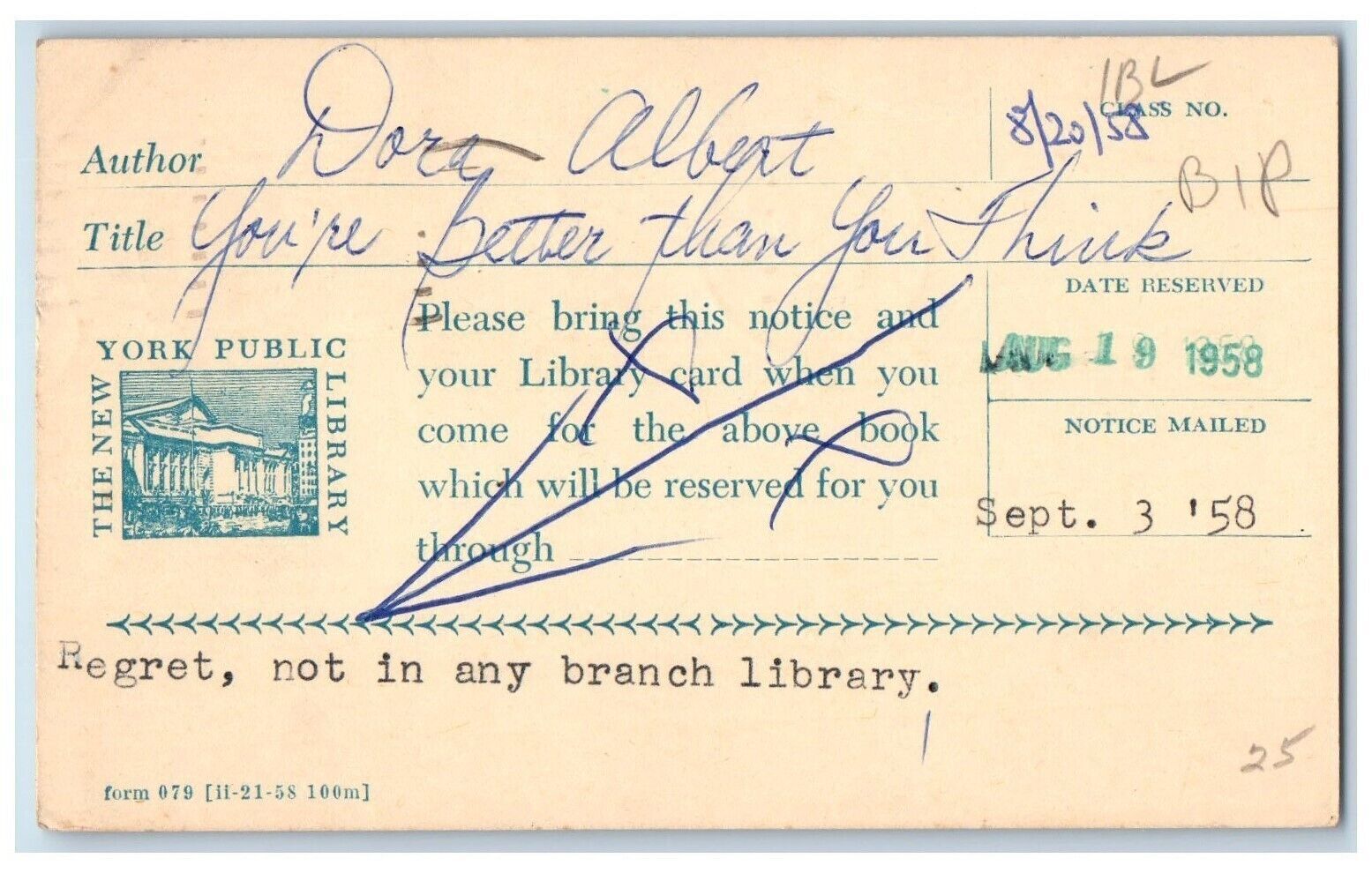 1958 The New York Public Library Circulation Department NY Notice ...