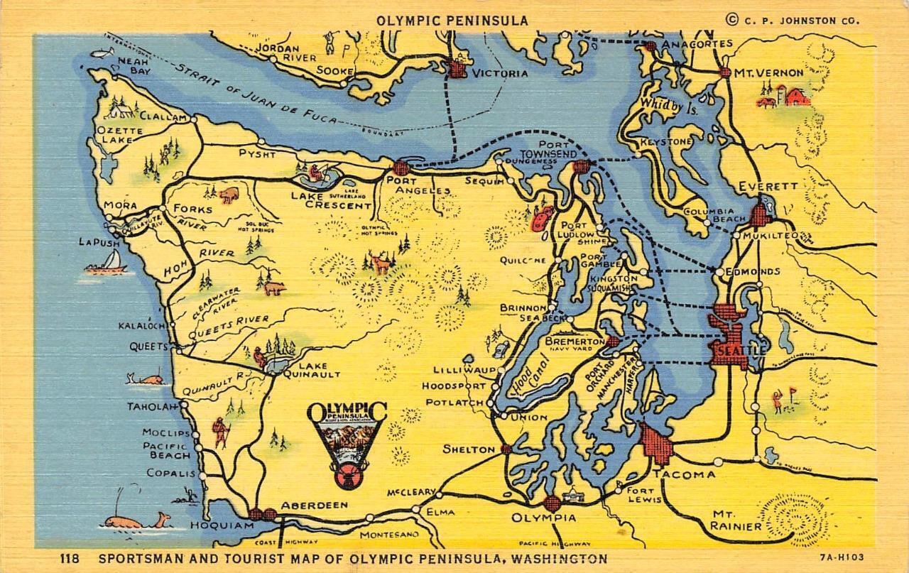 OLYMPIC PENINSULA Washington MAP Quinault Copalis Moclips 1940s Vintage ...