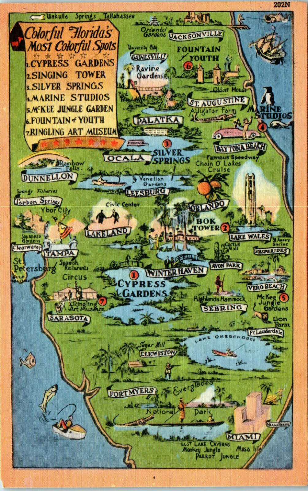 1940s Colorful Attractions of Florida Tourist Map Cypress Gardens ...