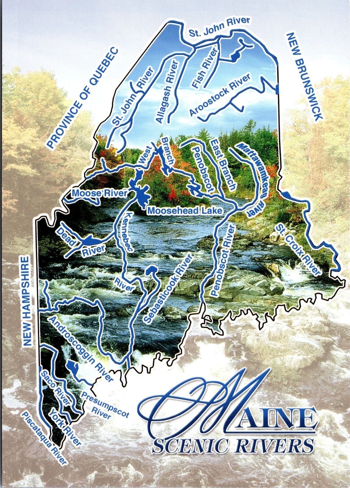 Continental Size Postcard Picturesque MAP of Maine's Scenic Rivers ...