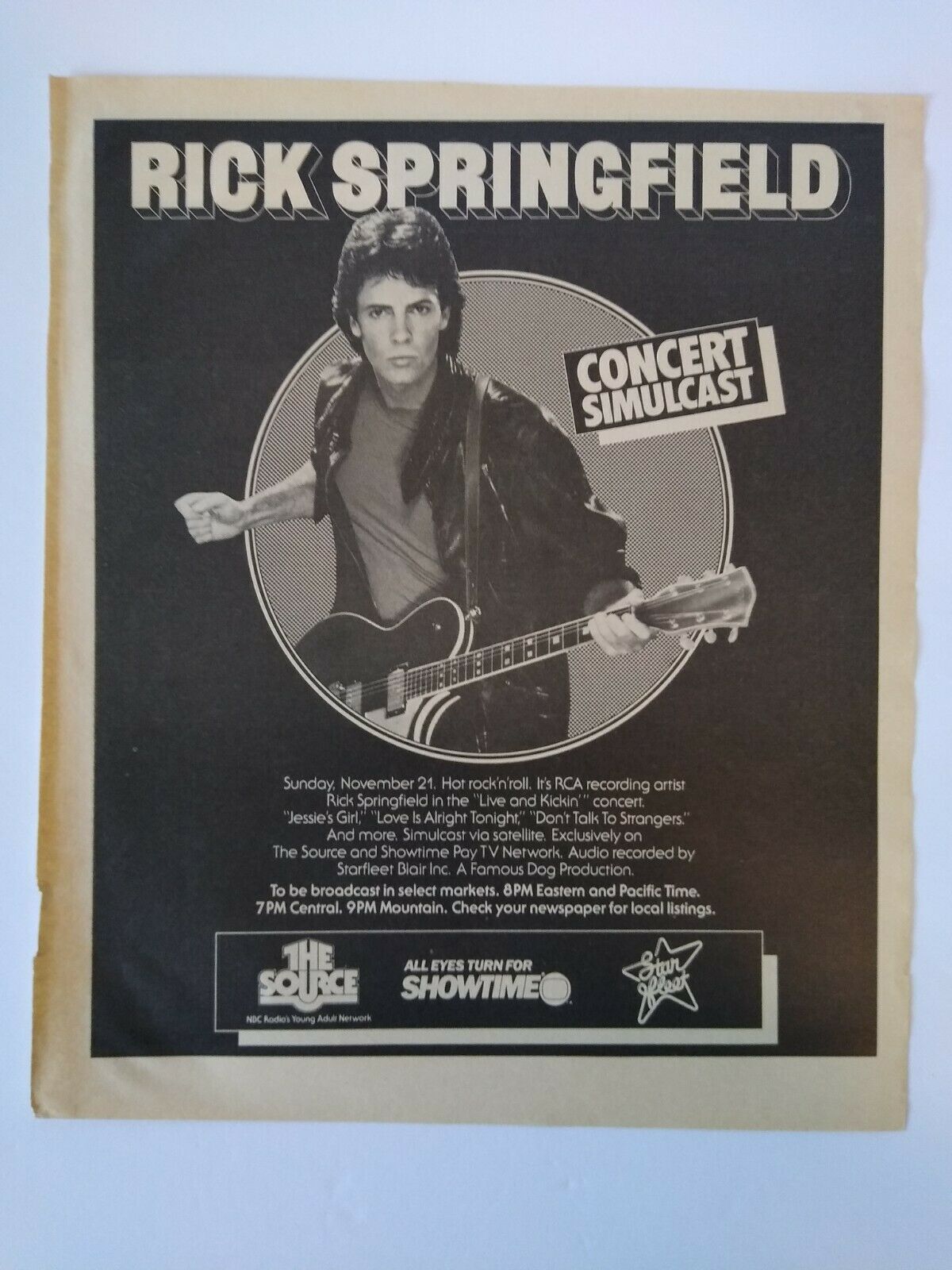 Rick Springfield Concert Promo Vintage Magazine Ad Original Ready To ...