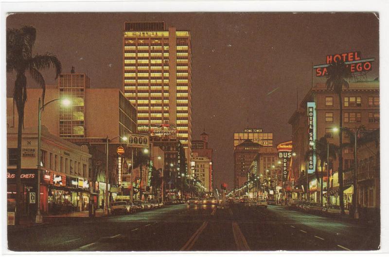 Broadway Street Scene at Night San Diego California 1960s postcard ...
