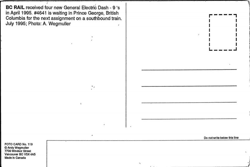 Vintage Postcard Photo 1995 BC Rail General Electric Dash 9 Photo A ...