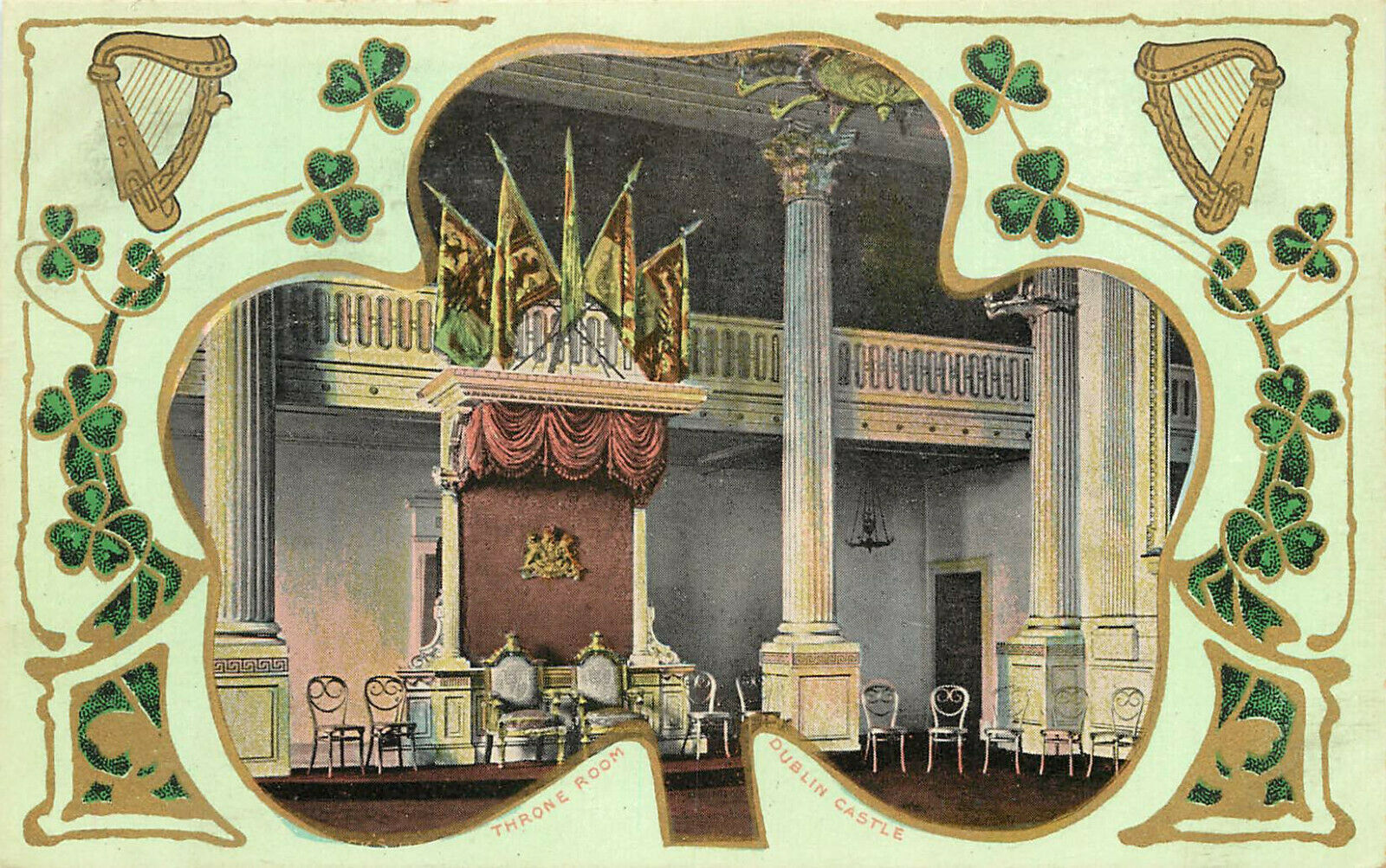 Vintage Postcard Throne Room Dublin Castle Ireland in Shamrock Vignette ...
