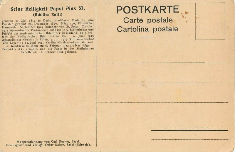 Heraldry early postcard eagle crest wappen coat pf arm Pope Pius XI ...