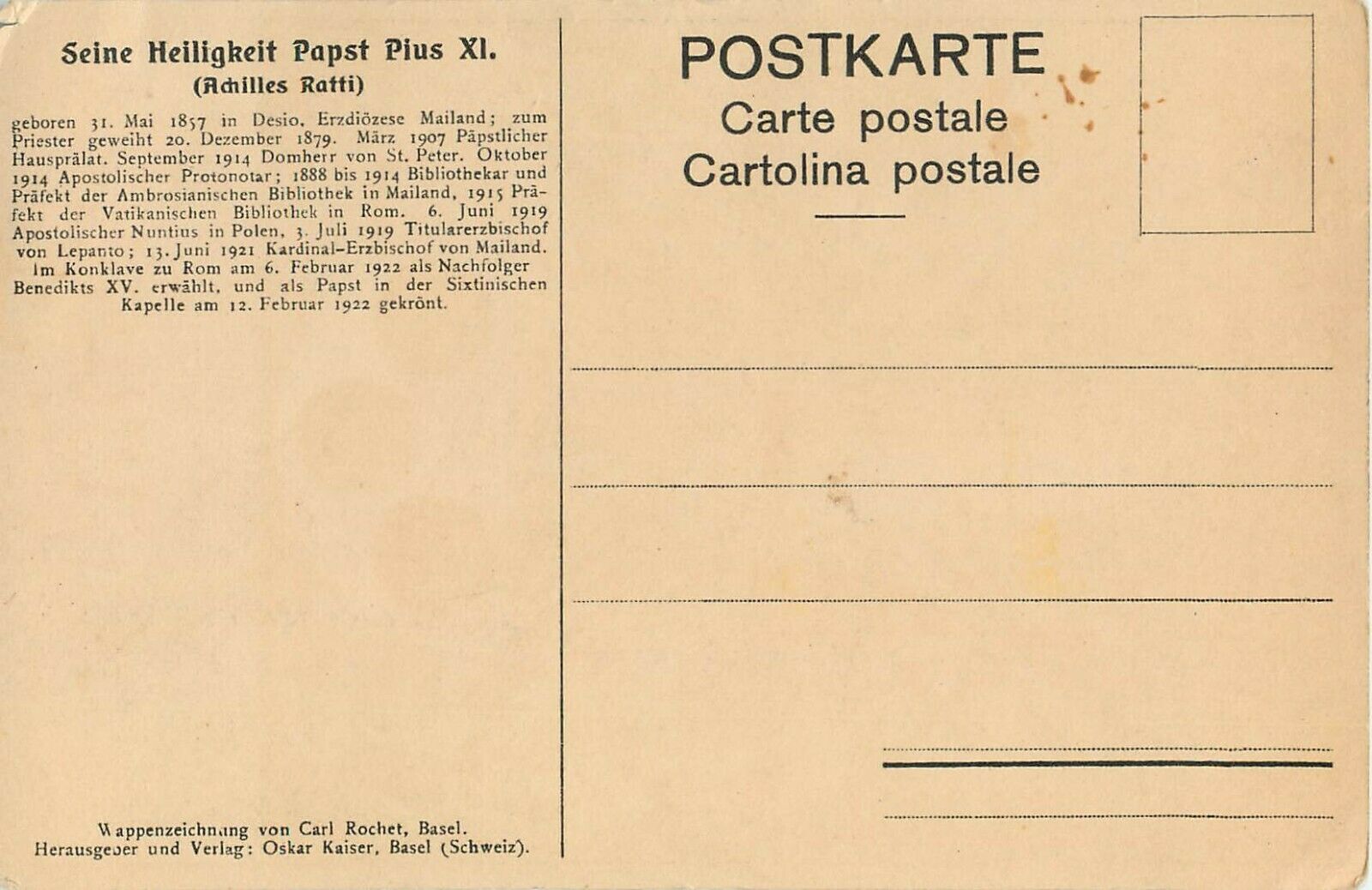 Heraldry early postcard eagle crest wappen coat pf arm Pope Pius XI ...