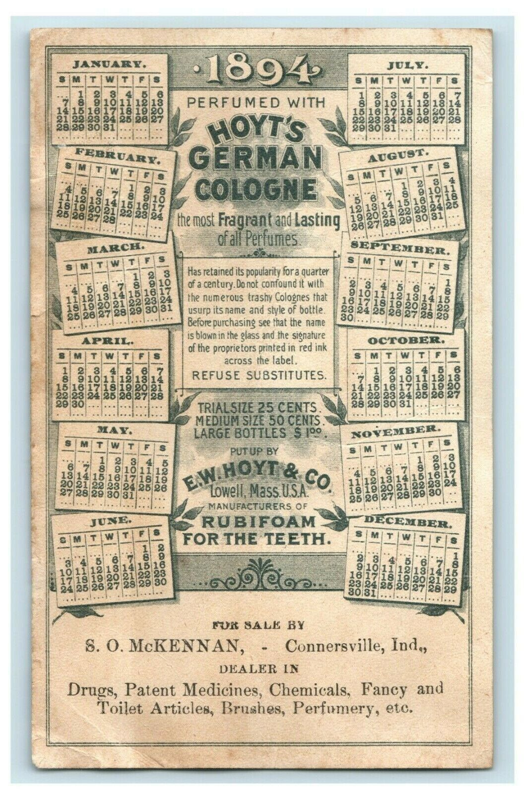 1894 Calendar Hoyt's German Cologne Adorable Child & Doves P197 ...