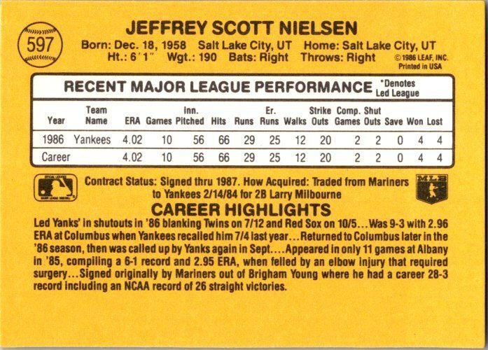 1987 Donruss Baseball Card Scott Nielsen New York Yankees sk20275 ...