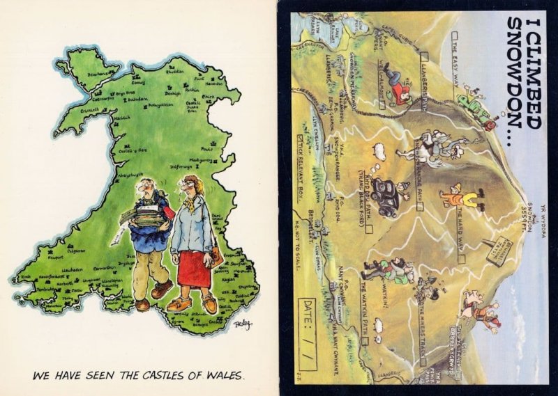 I Climbed Snowdon Welsh Castles 2x Tourist Map Comic Postcard s ...