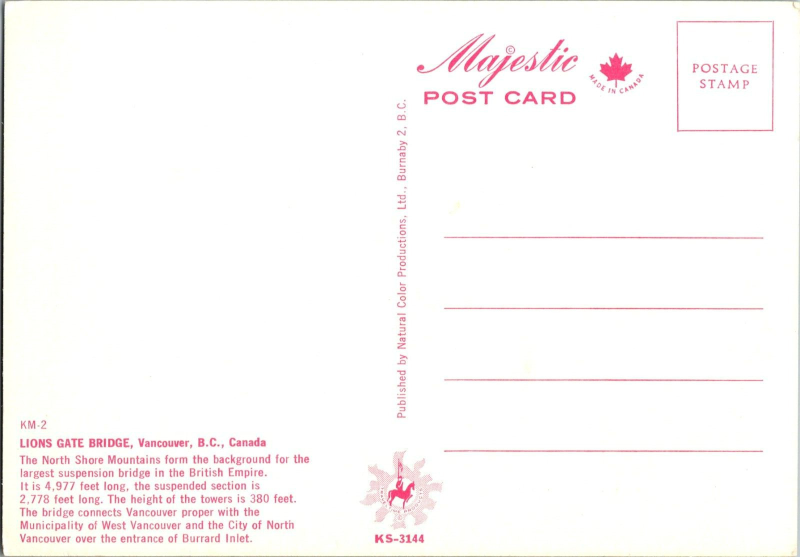 Vintage 60s Postcard Lions Gate Bridge Vancouver BC North Shore ...