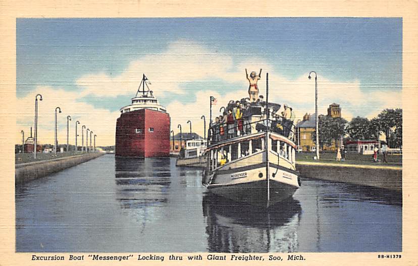 Excursion Boat Messenger Locking With Giant Freighter - Soo, Michigan ...