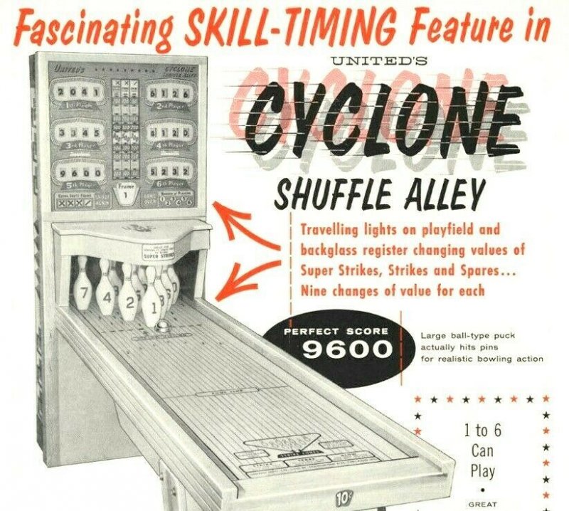 Cyclone Arcade Flyer 1958 United Shuffle Alley Bowling Alley Game Art 8 ...