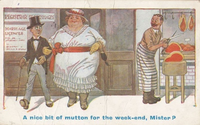 Fat Lady Just Married In Butchers A Bit Of Mutton Antique Worn Comic ...