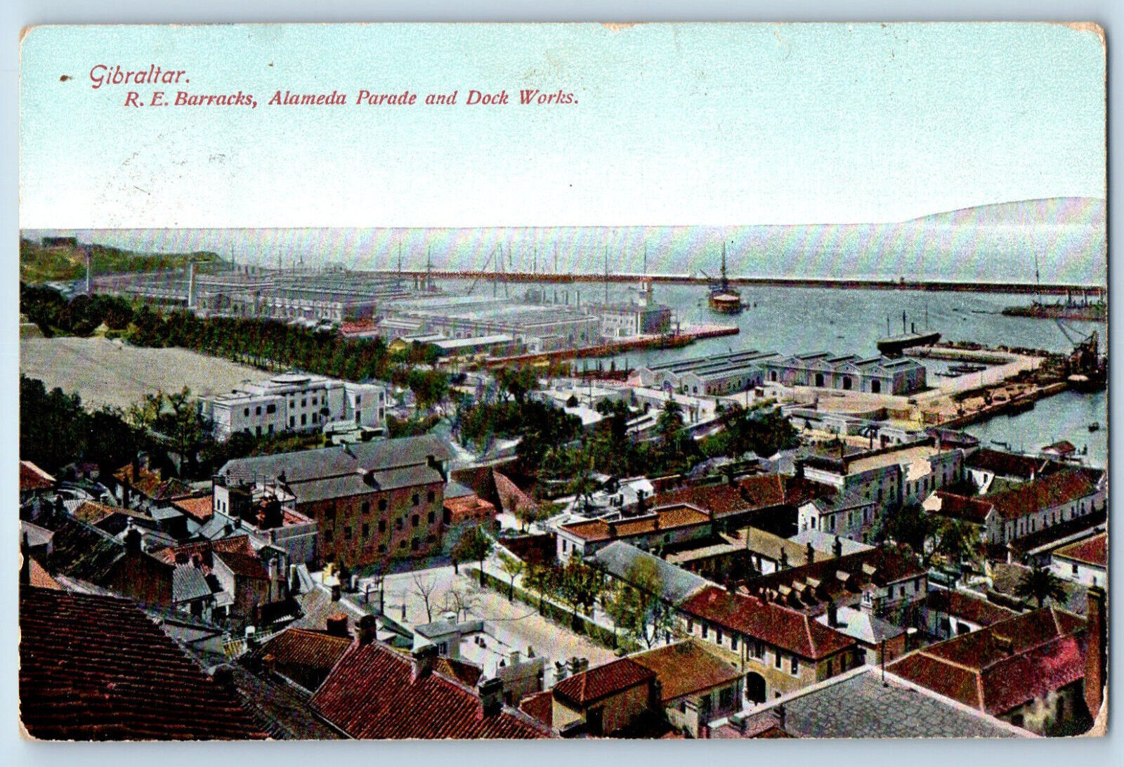 Gibraltar Postcard R.E. Barracks Alameda Parade Dock Works USS Vermont ...