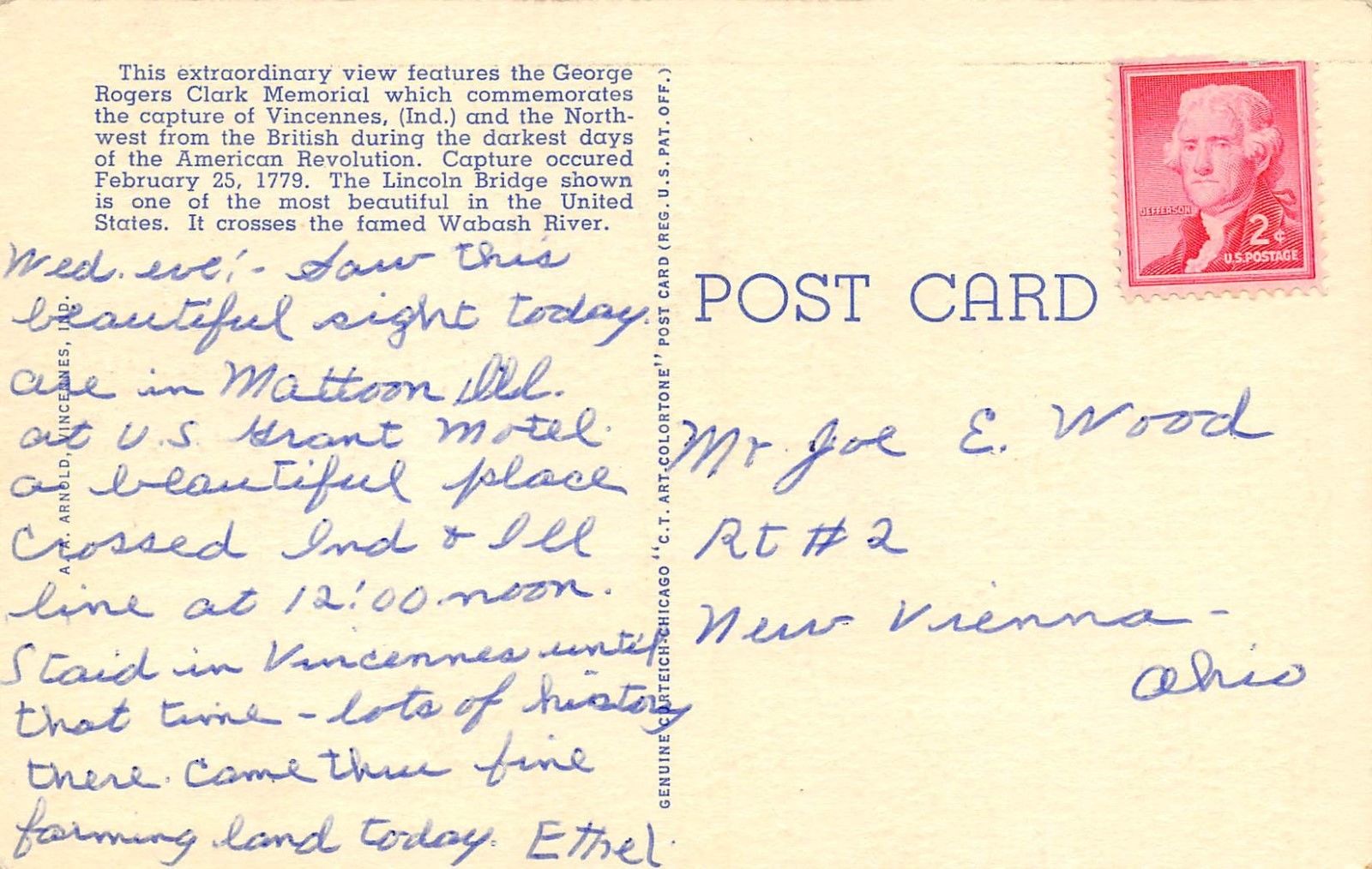 Vincennes Indiana 1940-50s Linen Postcard Clark Memorial Lincoln Bridge ...