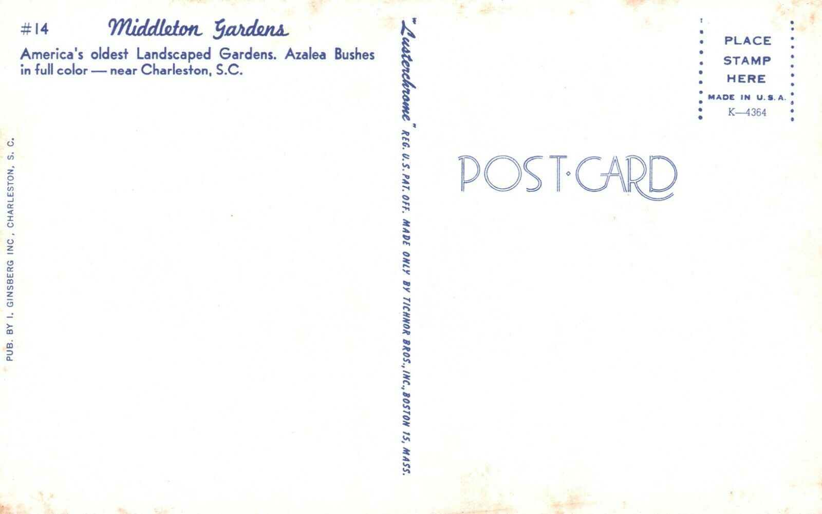 Vintage Postcard Middleton Gardens America Oldest Landscaped Gardens ...