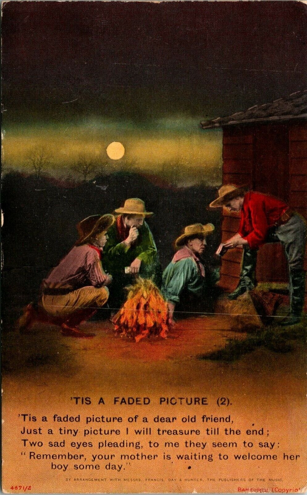 Tis A Faded Picture Poem Cowboys Campfire Full Moon Postcard Bamforth ...