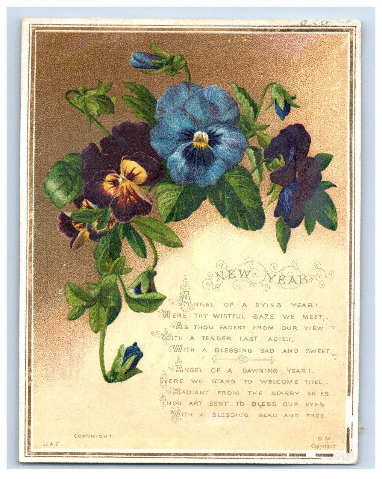 1880s Victorian New Year's Card Poem By B.M. Blue & Purple Pansies #6C ...