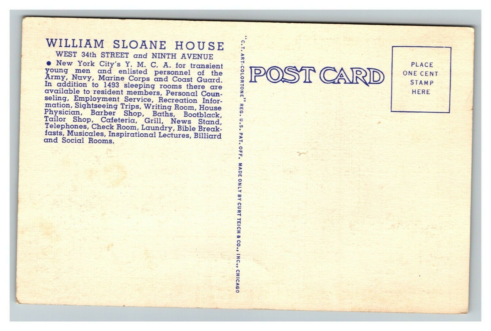 Vintage 1940's Postcard William Sloane House YMCA Manhattan New York ...