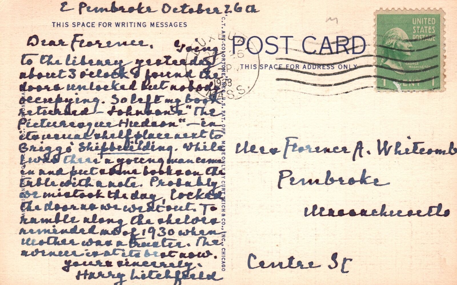 Vintage Postcard 1933 New England Homestead Fireplace Woman Weaving ...