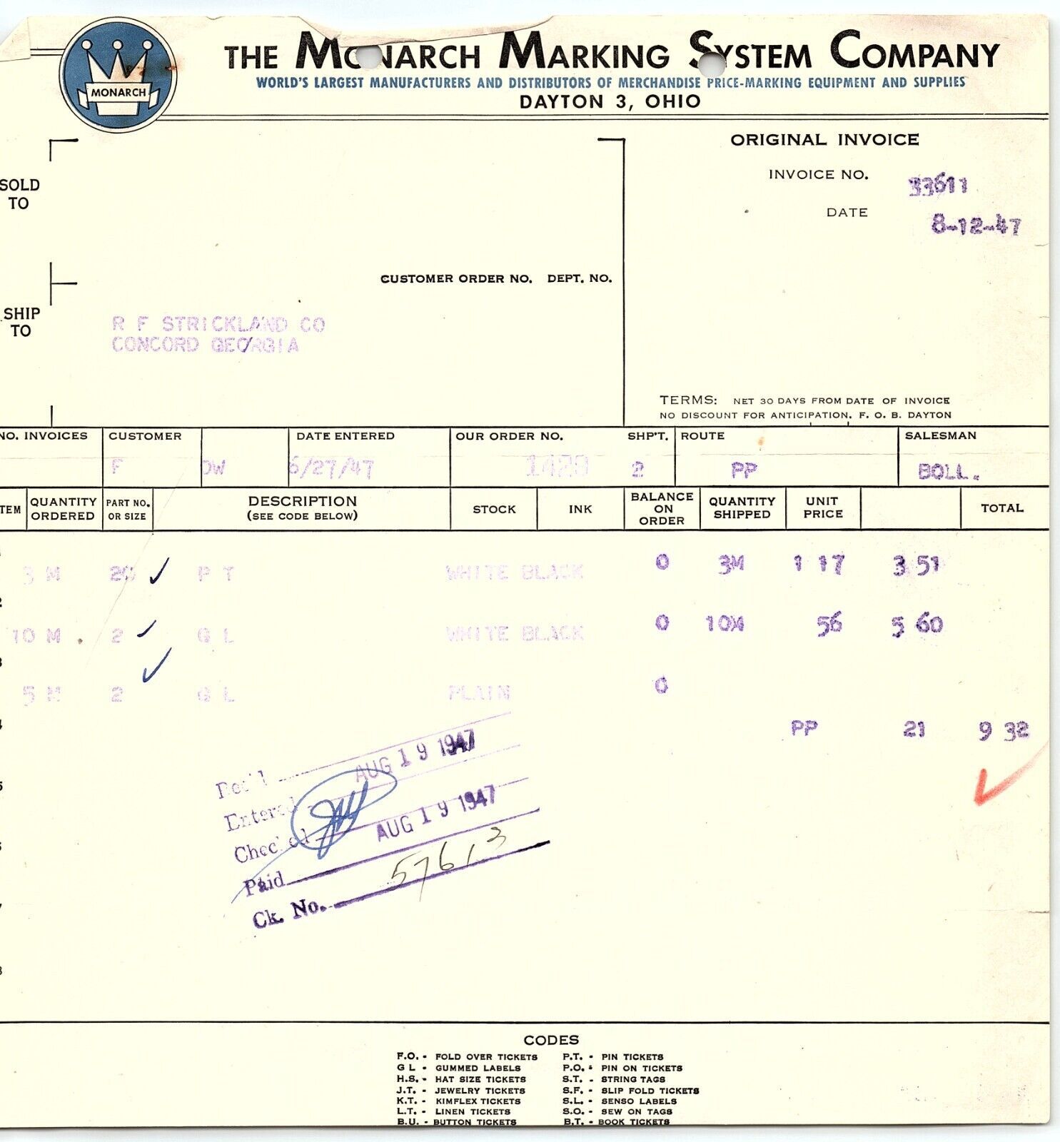 1947 Monarch Marking System Company Dayton Ohio Billhead Invoice Z977 ...