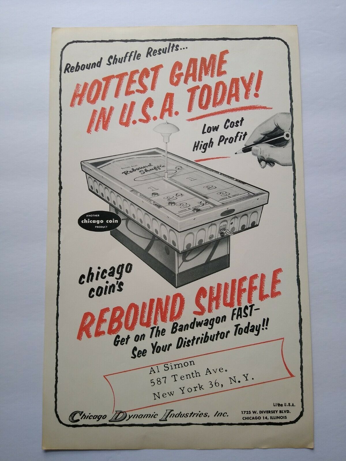 Chicago Coin Rebound Shuffle Arcade FLYER Original Vintage Game Art ...