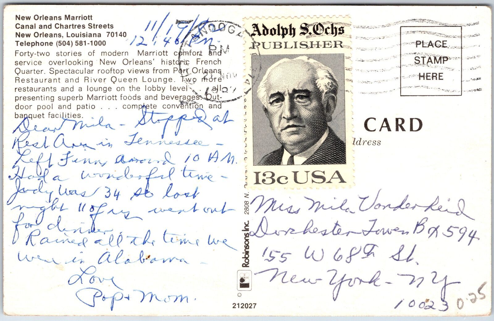 Vintage Postcard Marriott Hotel New Orleans Louisiana French Quarter ...