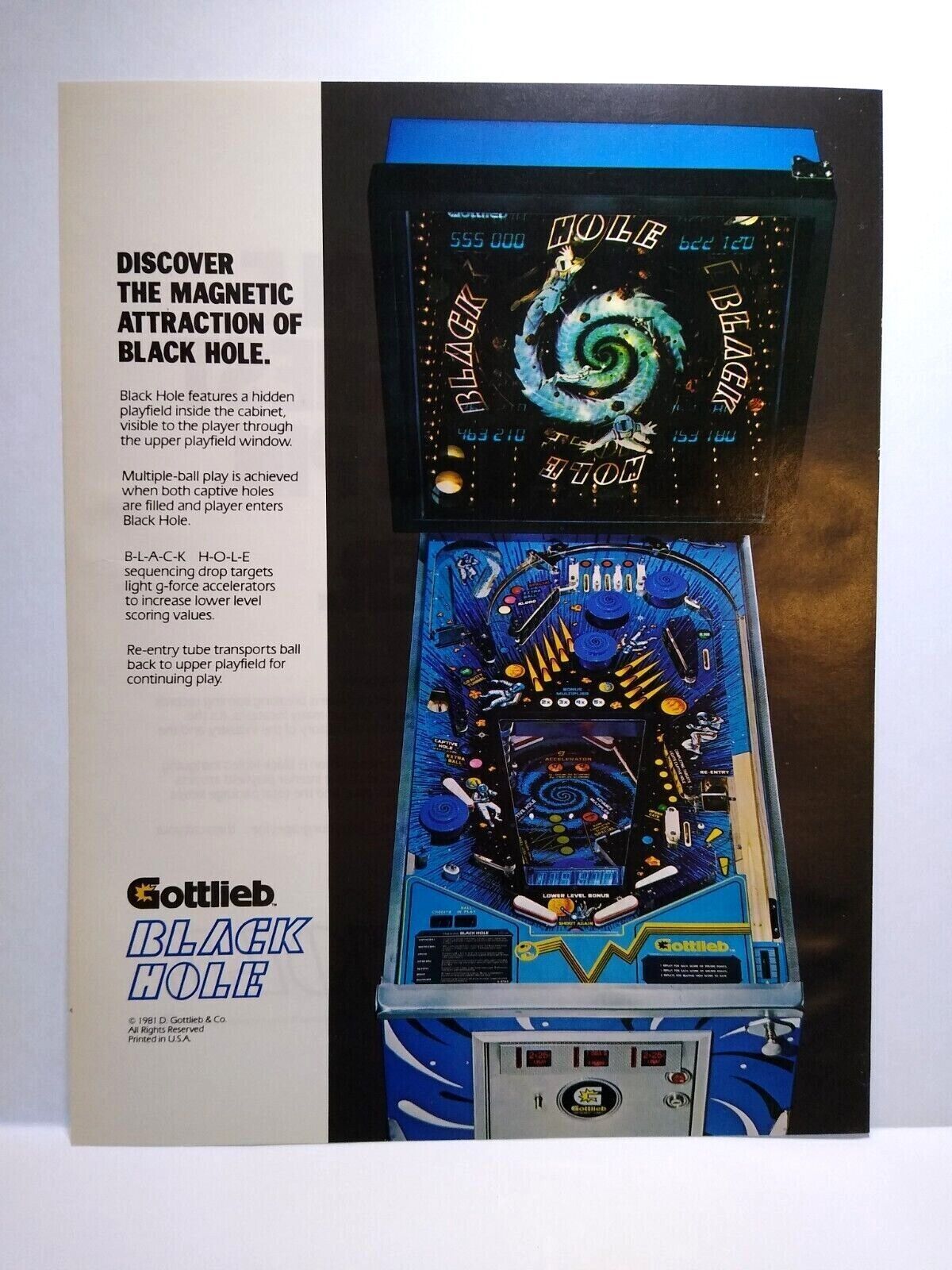 Black Hole Pinball Flyer Vintage Original 1981 3-D Version 8.5" x 11 ...