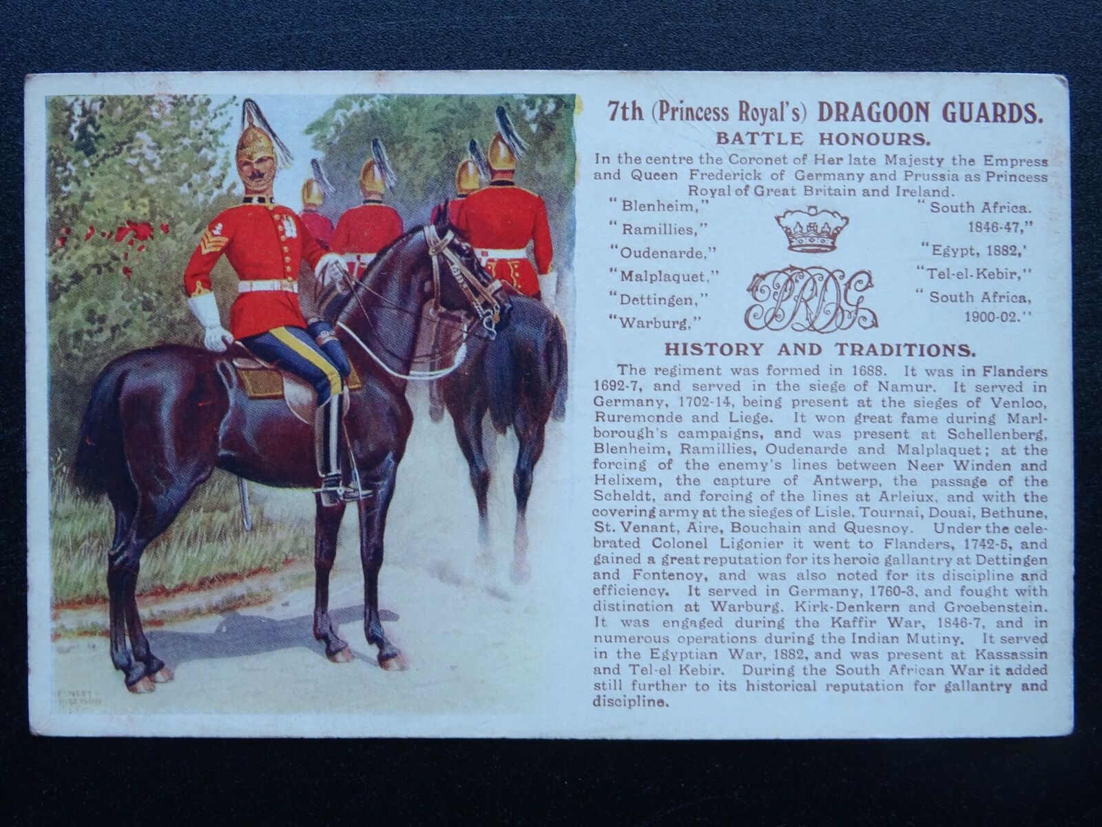 7th PRINCESS DRAGOON GUARDS History & Traditions c1915 Postcard by Gale ...