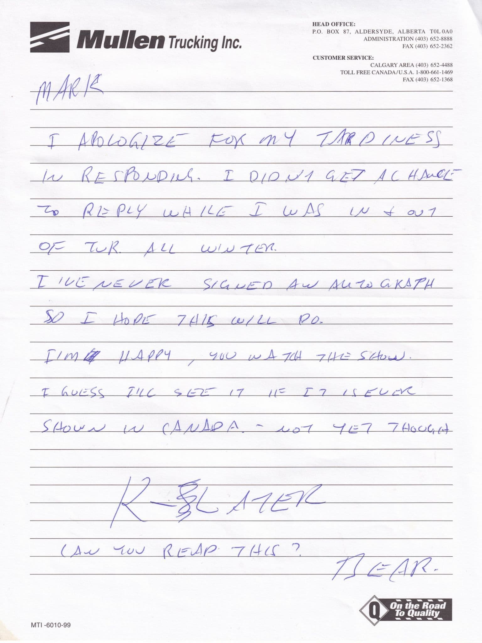 Bear Swensen Ice Road Trucker Large Official Hand Signed Written Letter ...