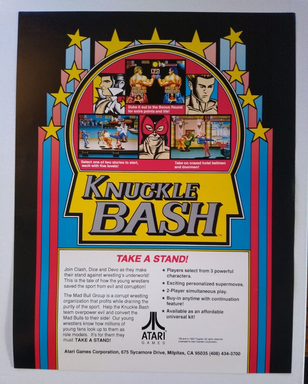 Knuckle Bash Arcade Flyer 1993 Original 8.5" x 11" Video Game Promo ...
