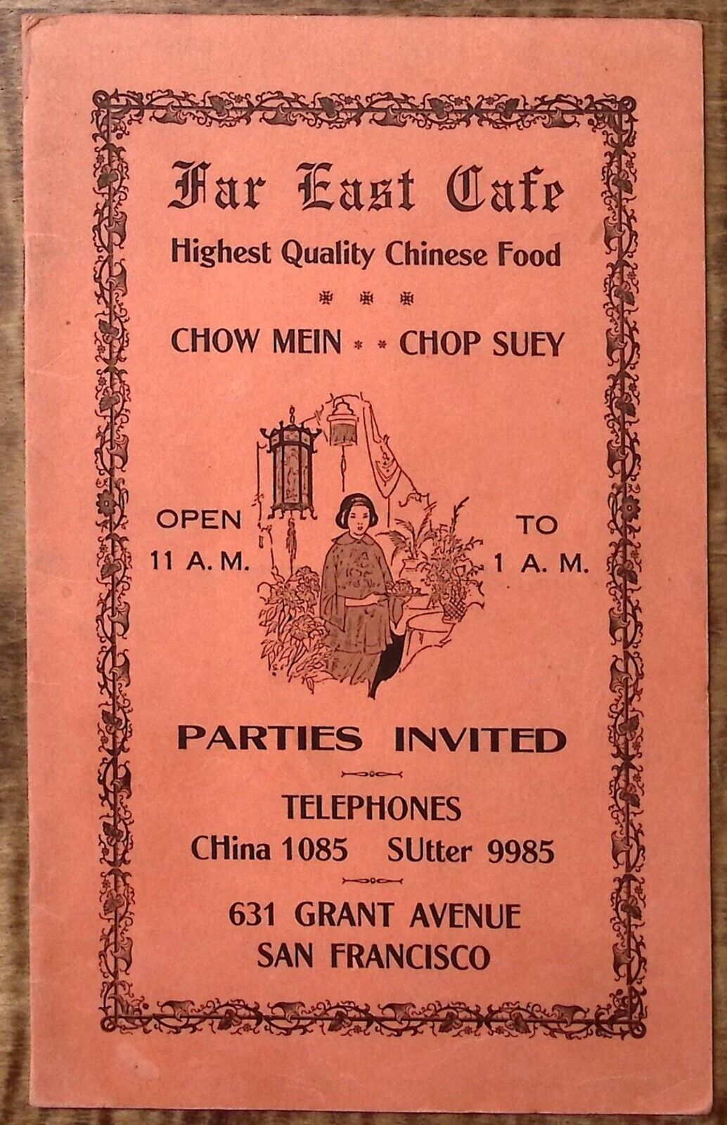 1940s Chinatown SAN Francisco CA FAR East Cafe Menu Chinese Text Grant ...