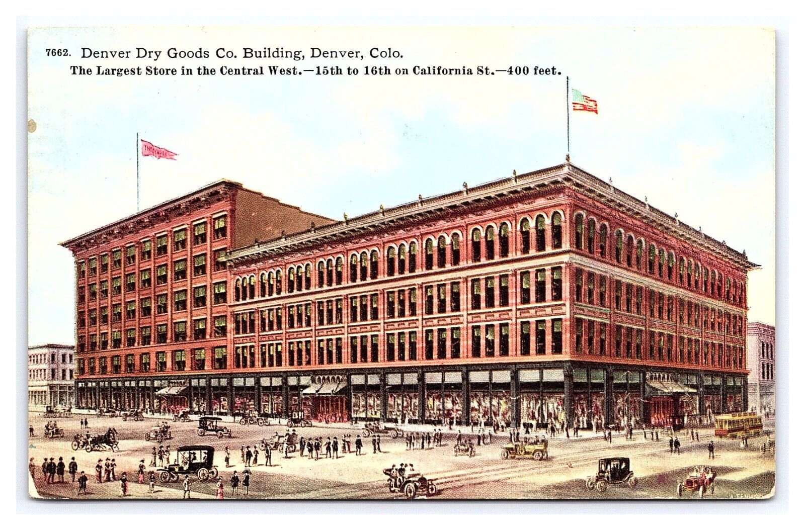 Denver Dry Goods Co. Building Denver CO Postcard Old Cars Trolley Horse ...