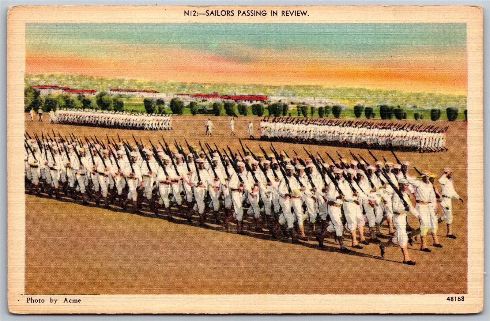 Vtg Military Sailors Passing In Review Marching US Navy 1940s Linen ...