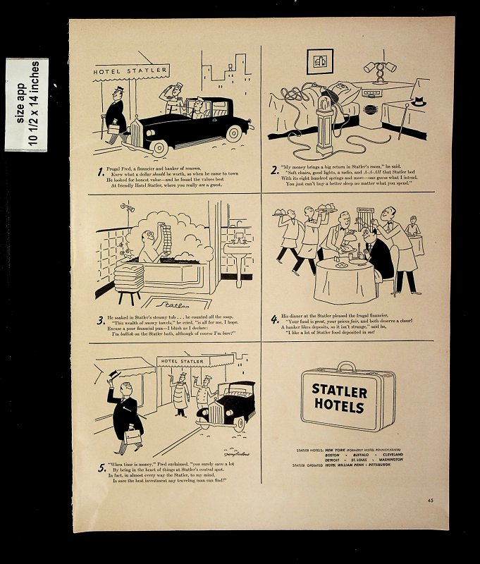 1949 Statler Hotels Comic Vintage Print Ads 9345 | Ephemera ...