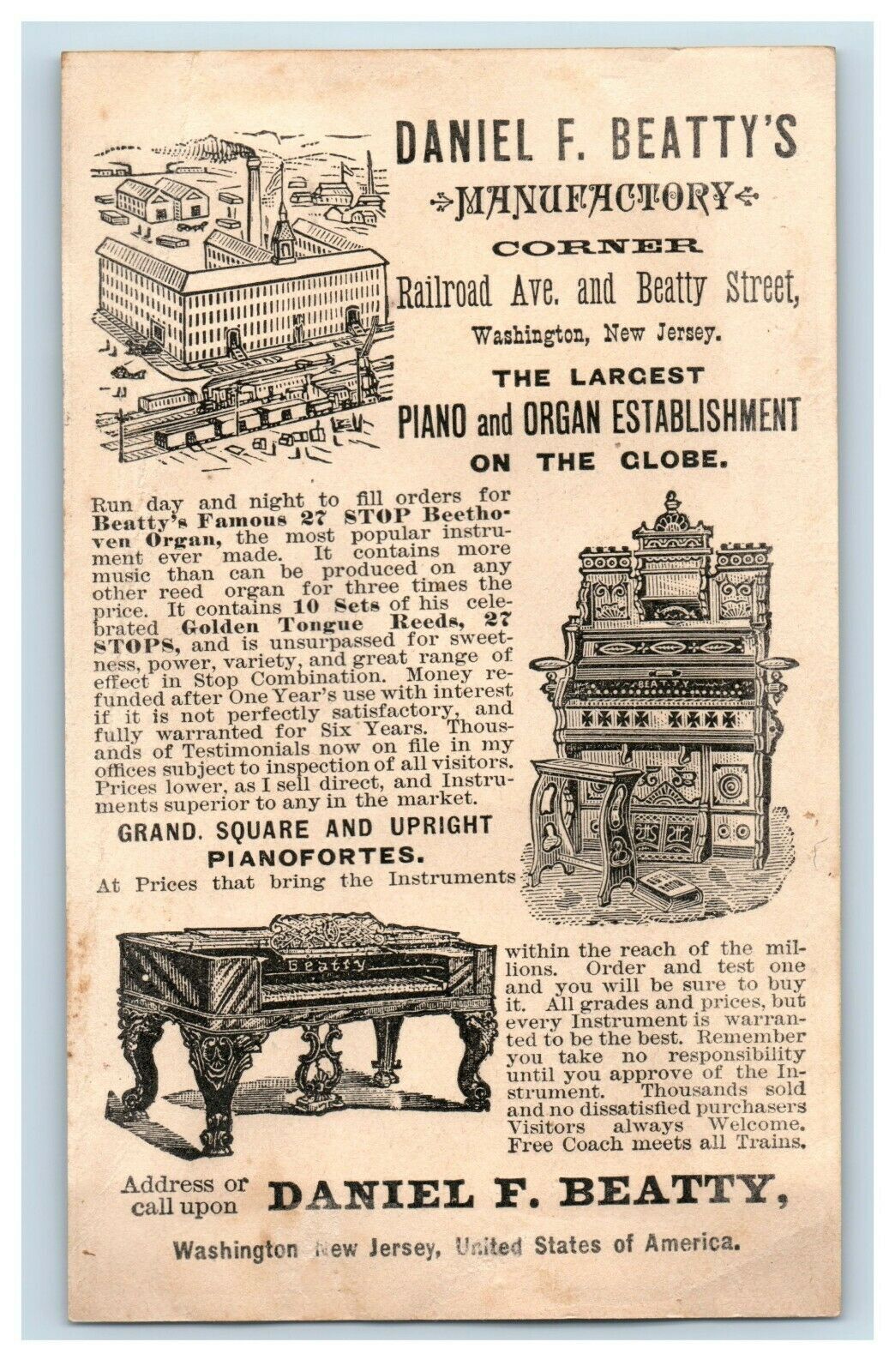 1880's Beach Scene Sailboat Beatty's Organs & Pianos Victorian Trade ...