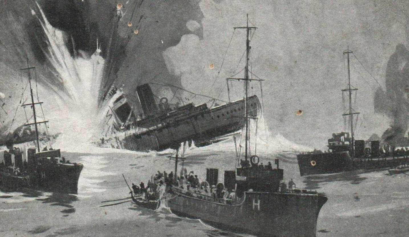British Royal Navy WWI HMS Amphion Cruiser Sinking Loss Art Postcard c ...