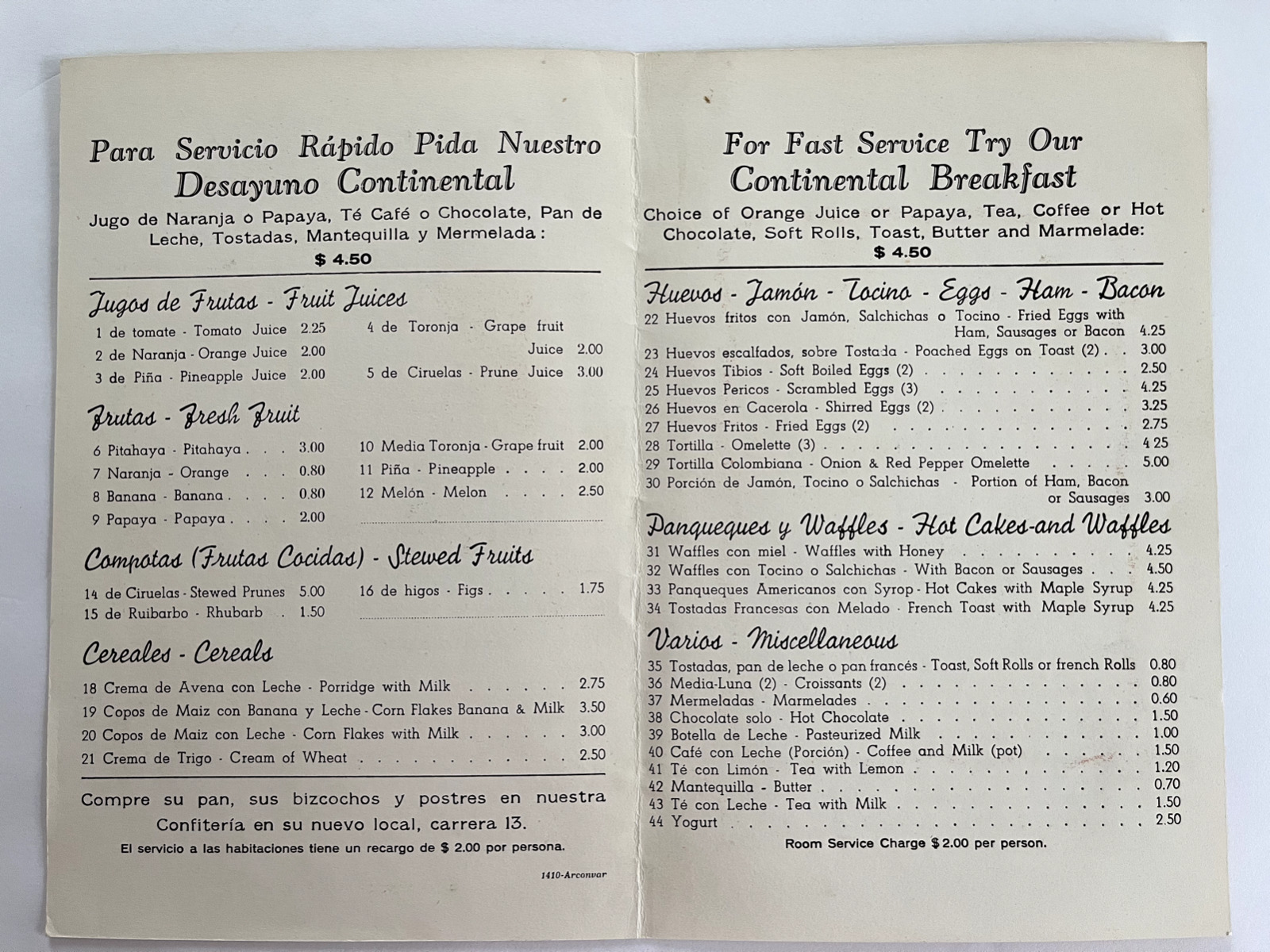 Vintage 60s Hotel Tequendama Restaurant Breakfast Menu Bogota Columbia ...
