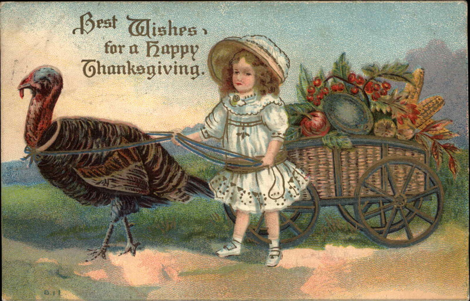 Thanksgiving Little Girl with Turkey Pulling Wagon c1910 Vintage ...