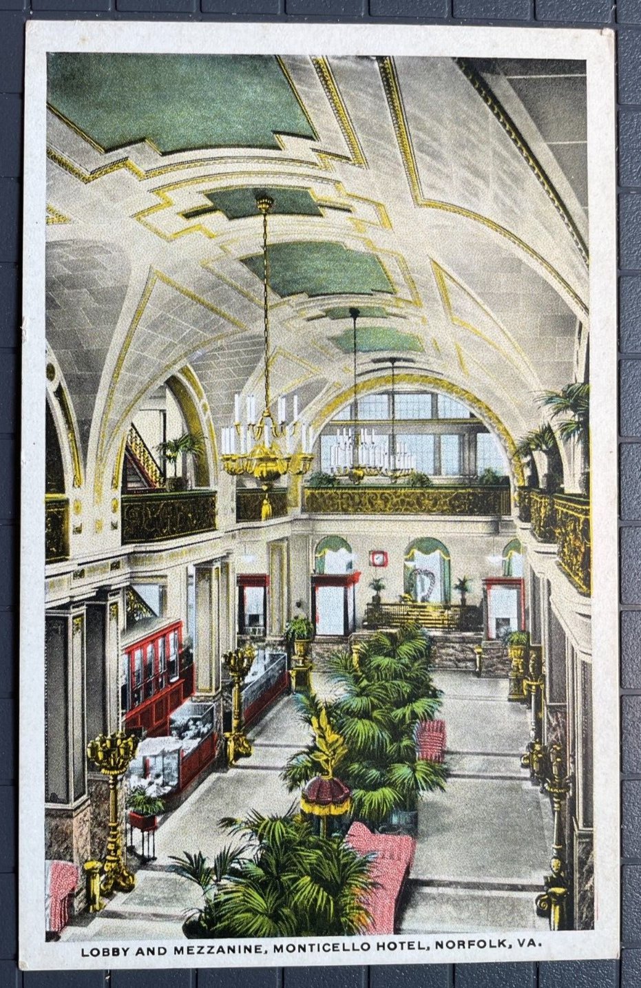 Vintage Postcard 1919 The Monticello Hotel Lobby & Mezzanine Norfolk VA ...