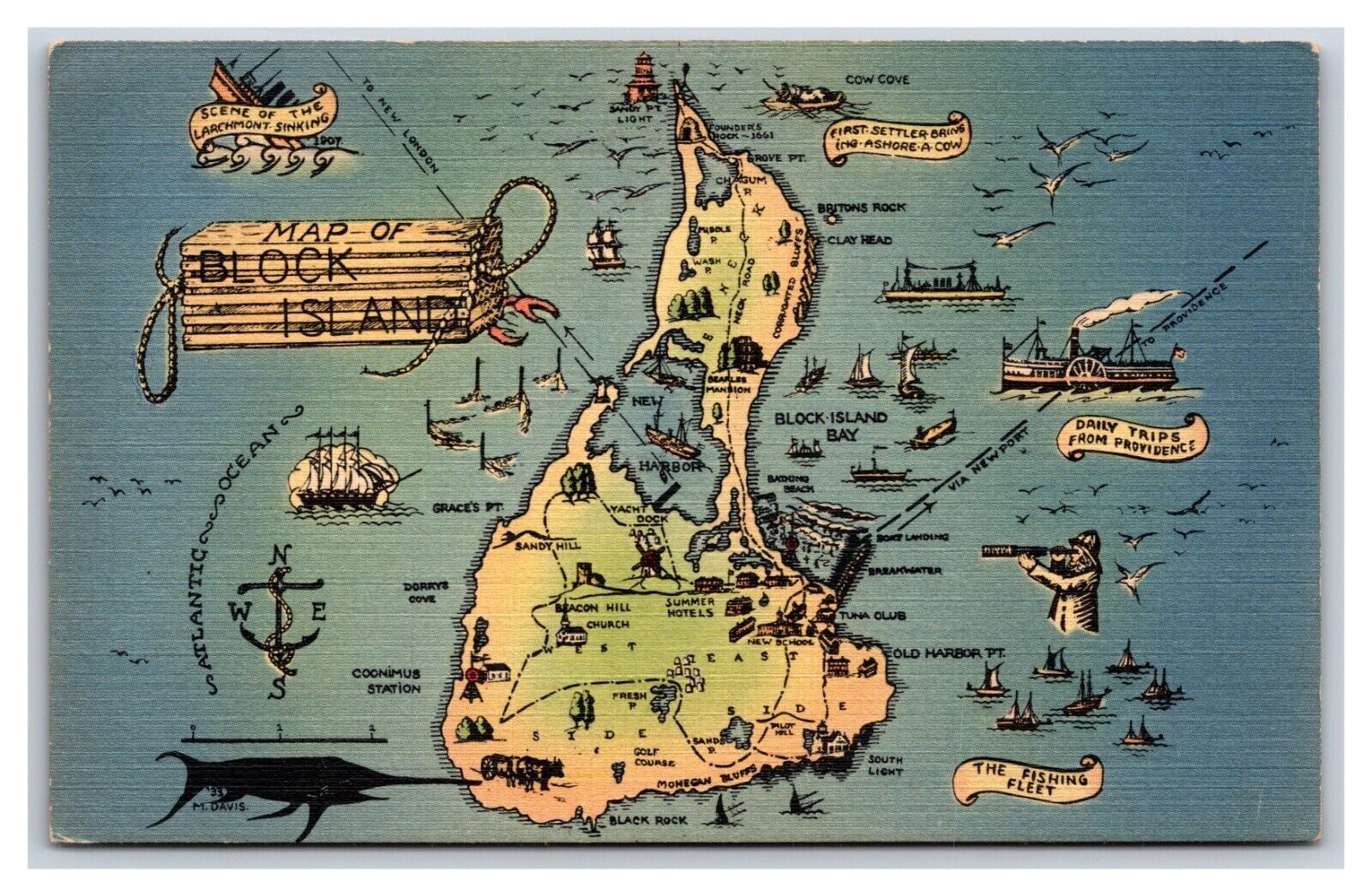 Map Of Block Island Rhode Island RI UNP Linen Postcard V15 | United ...