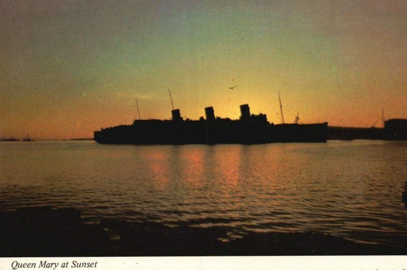Vintage Postcard Queen Mary Ship at Sunset in Water Famous Three ...
