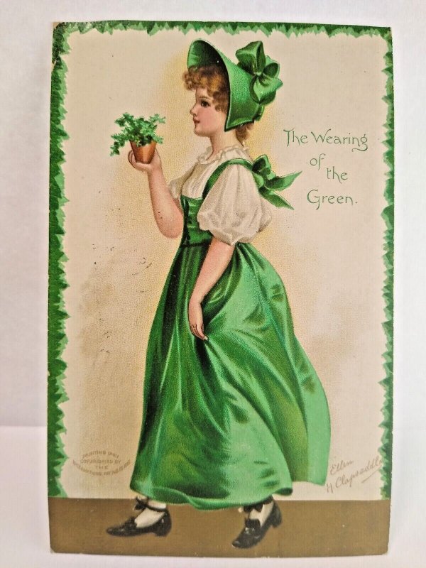St Patrick's Day Postcard Artist Green Irish Lady Signed Ellen ...