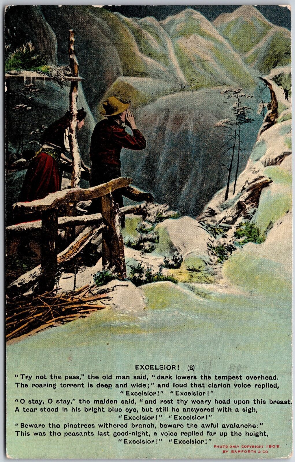 Man And Lady Screaming To The Mountains Poem "Excelsior" Postcard ...