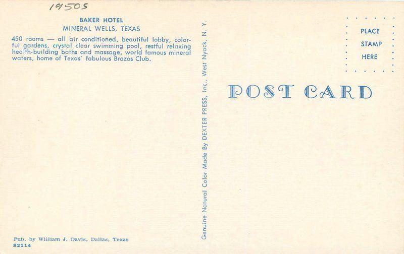 Aerial Baker Hotel 1950s Mineral Wells Texas Pool Dexter postcard 1963 ...