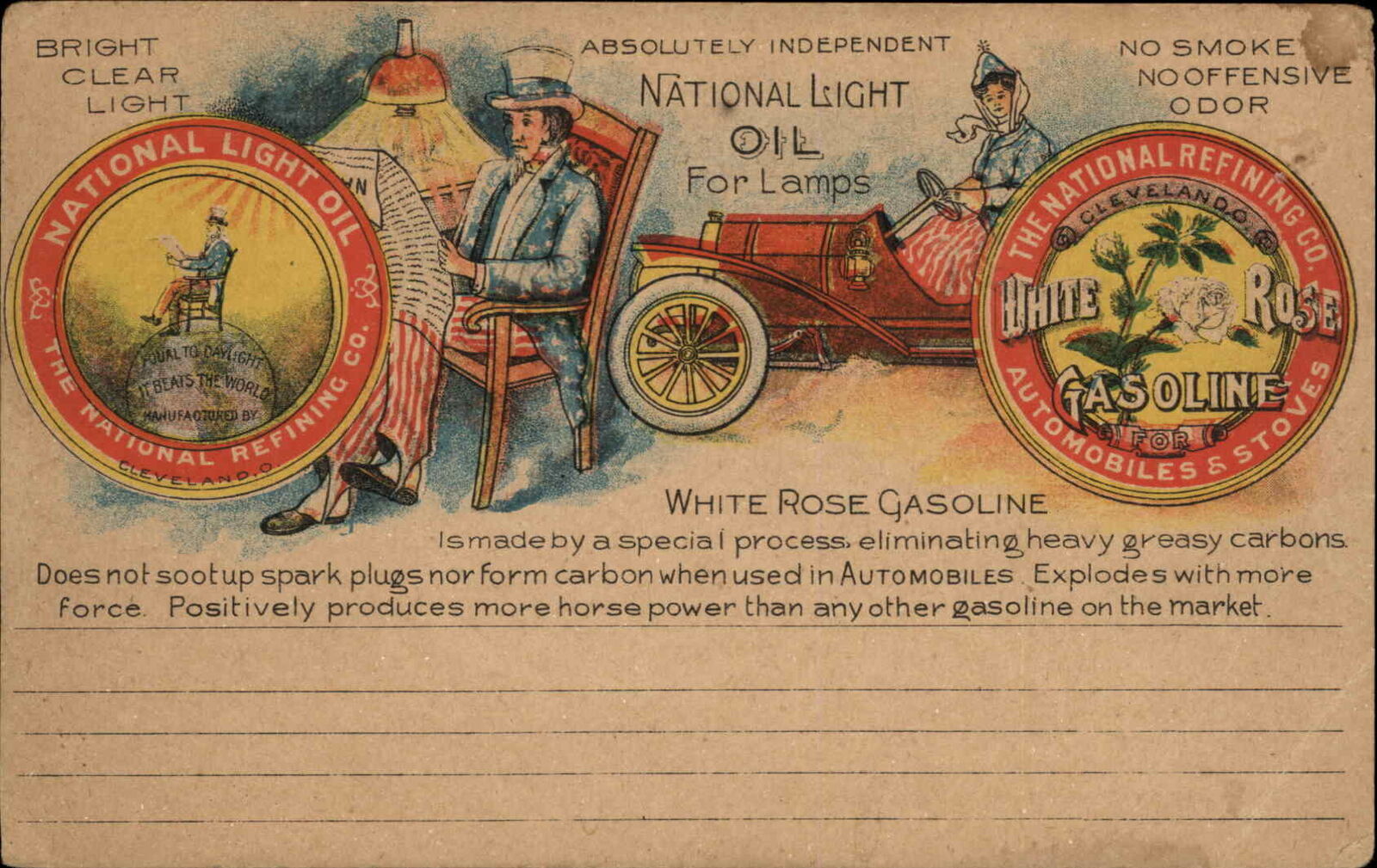 National Light Oil Uncle Sam woman Driving Car White Rose Gas Postcard ...