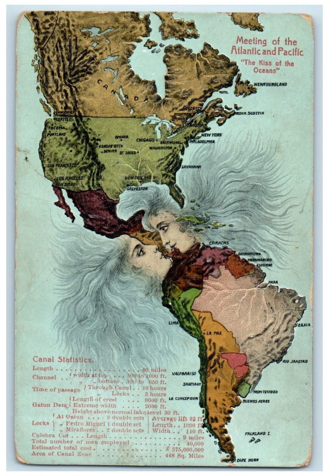 1915 Meeting Of The Atlantic And Pacific Map Kiss Panama Canal Embossed ...